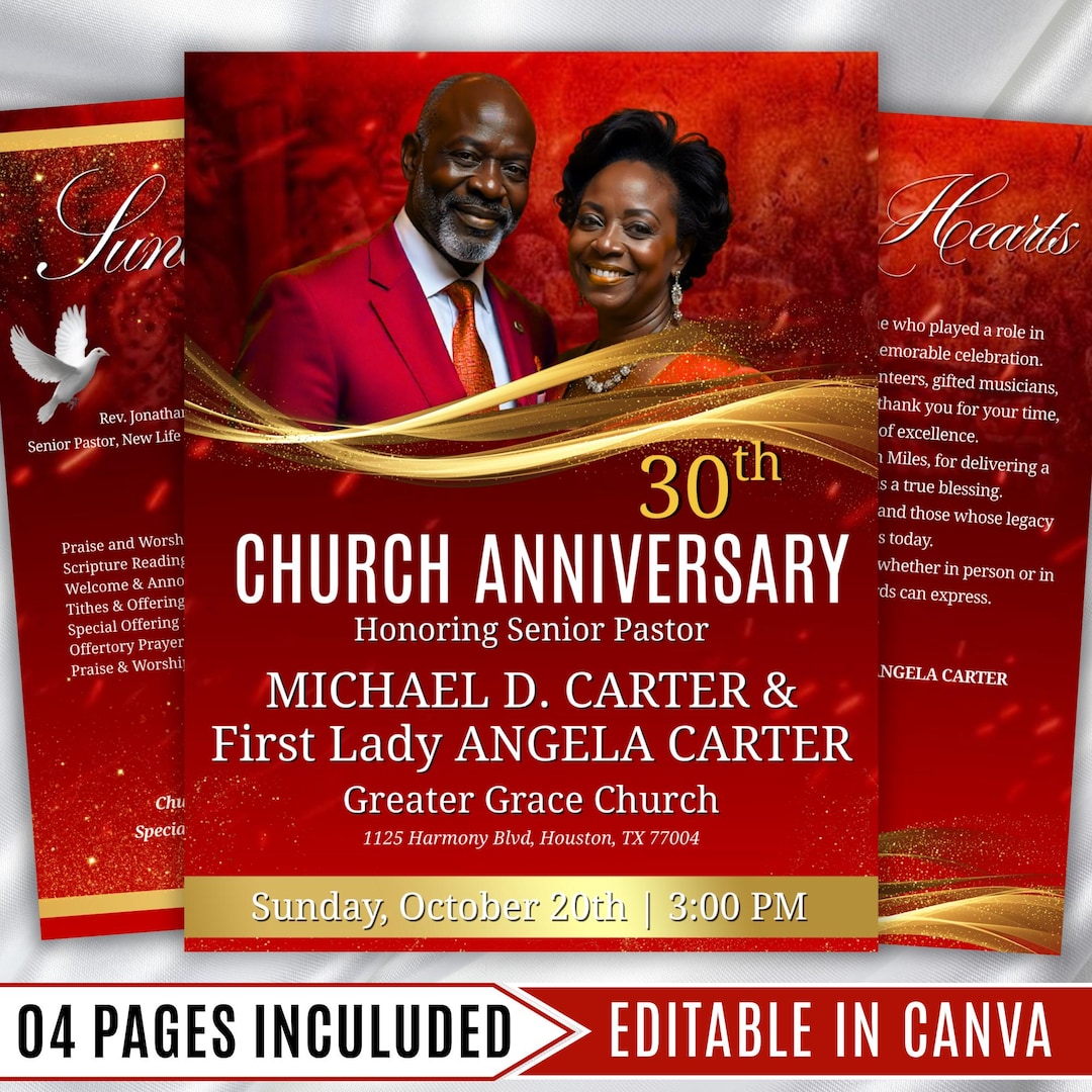 04 Pages Church Anniversary Program Template, Editable Bifold 8.5x11 ...