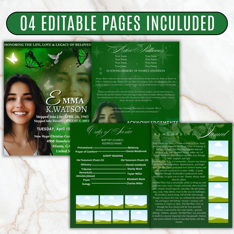 04 Pages Green Funeral Program Template, Bi-fold Funeral Program ...