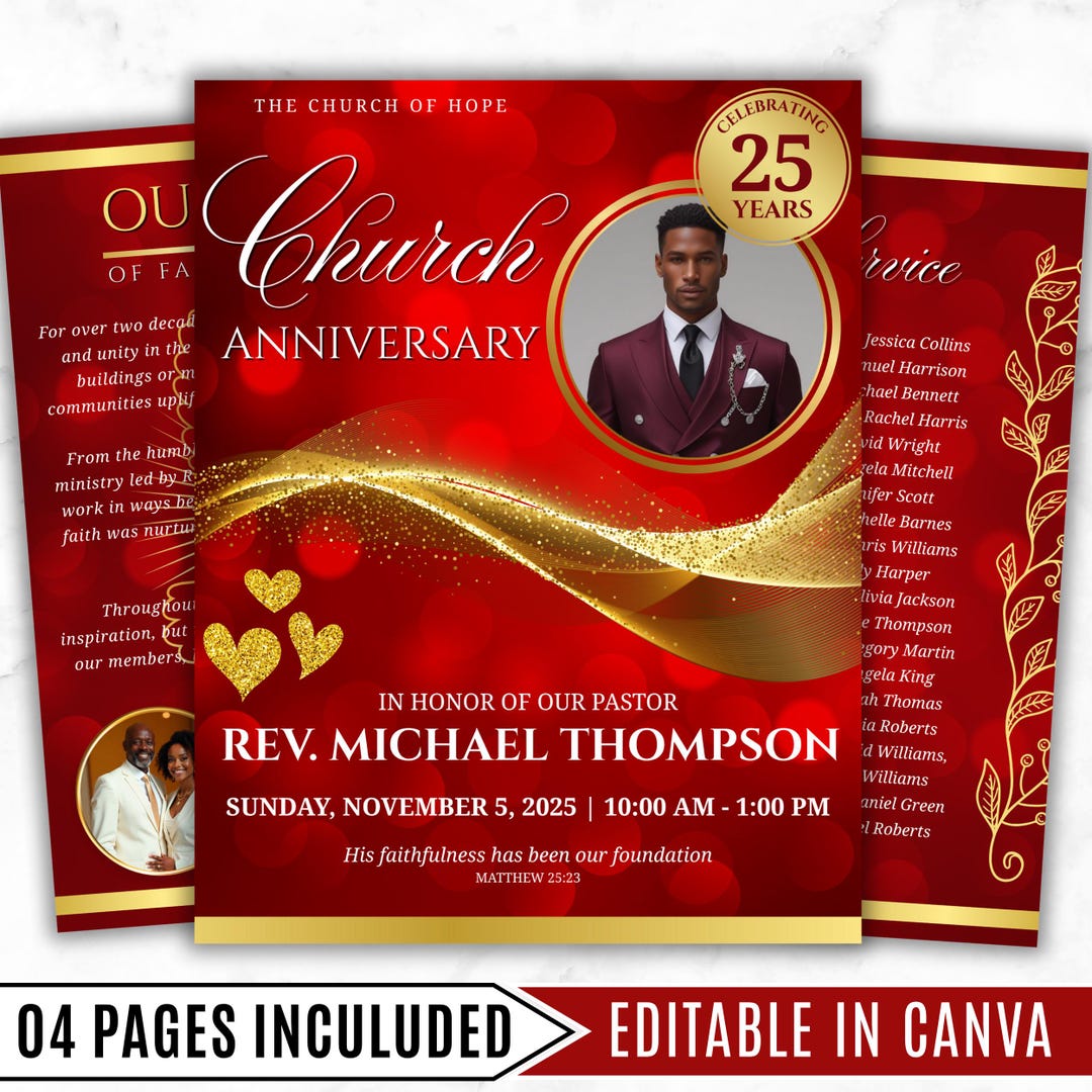 Church Anniversary Program Template, Editable Bifold 8.5x11” Design ...