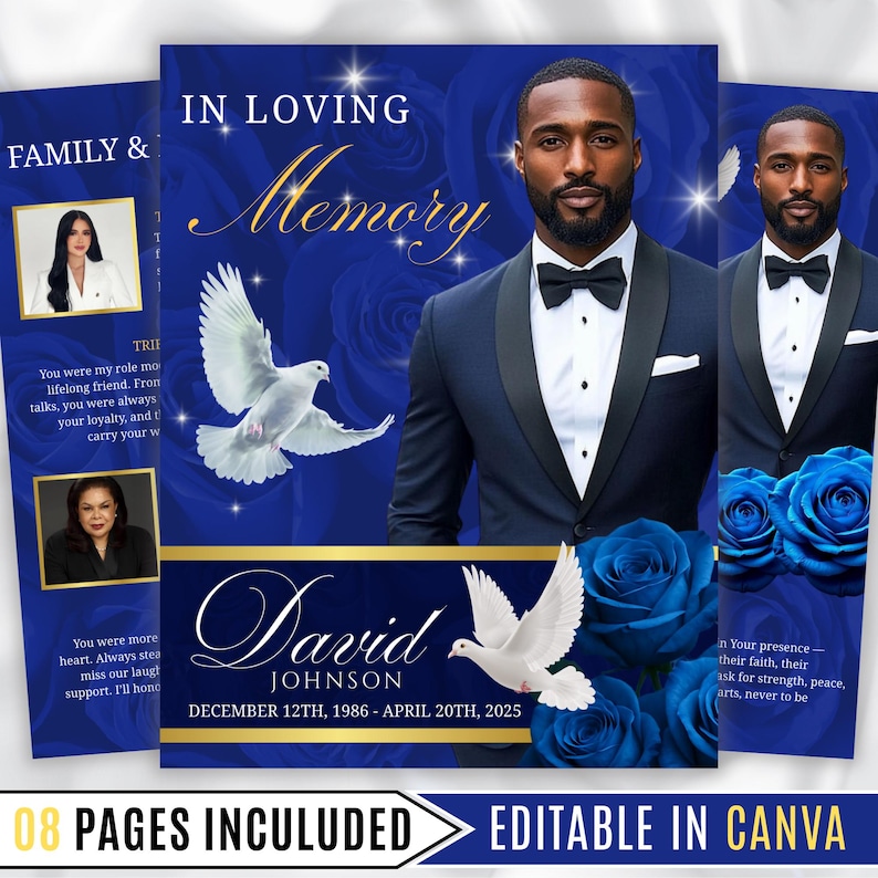 08 Pages Blue Funeral Program Template, Bi-fold Funeral Program ...