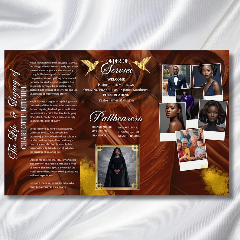 In Loving Memory Brown Funeral Program Template, Editable Trifold 17x11 ...