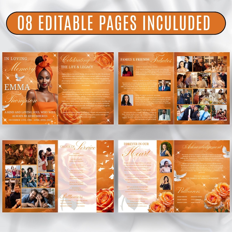 08 Pages Orange Funeral Program Template, Bi-fold Funeral Program ...