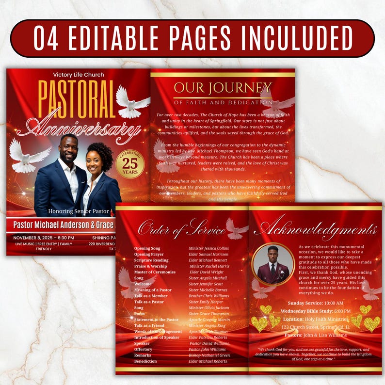 04 Red Pastoral Church Anniversary Program Template, Editable Bifold 8 ...