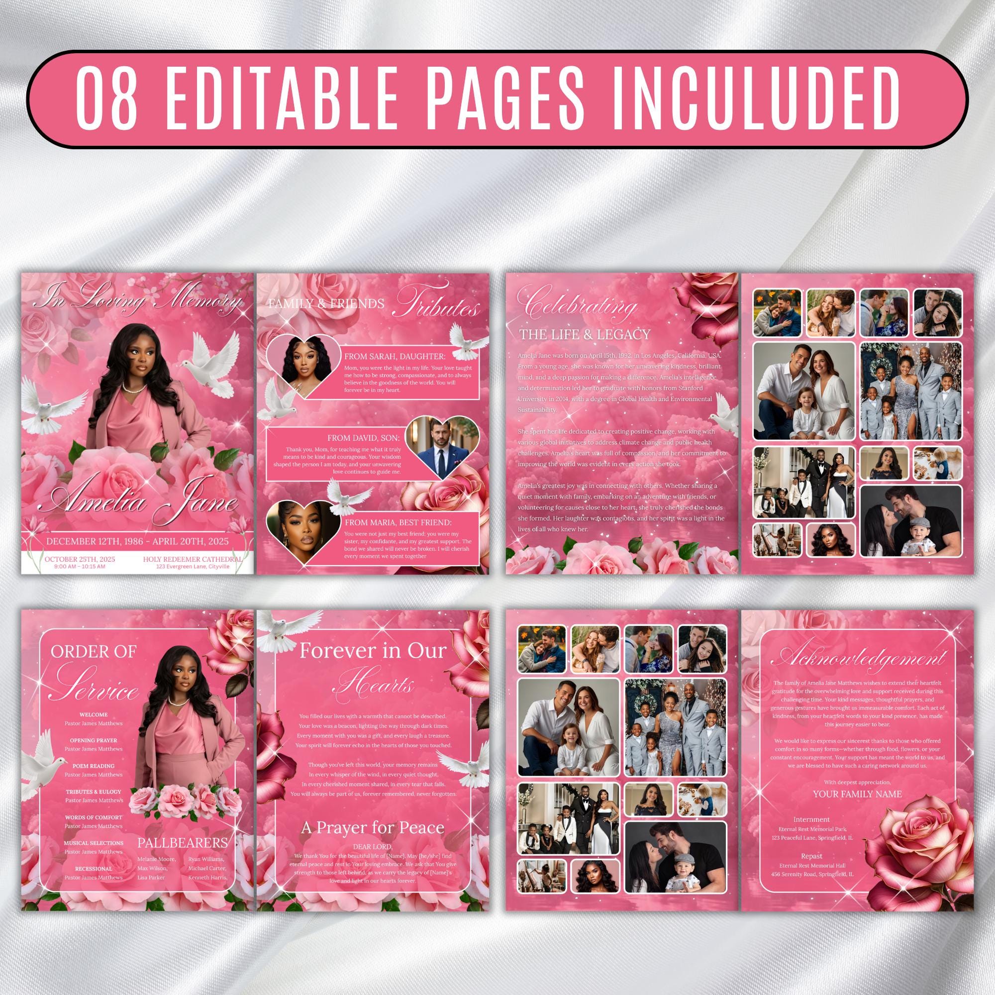 08 Pages Pink Roses Funeral Program Template, Bi-fold Funeral Program ...