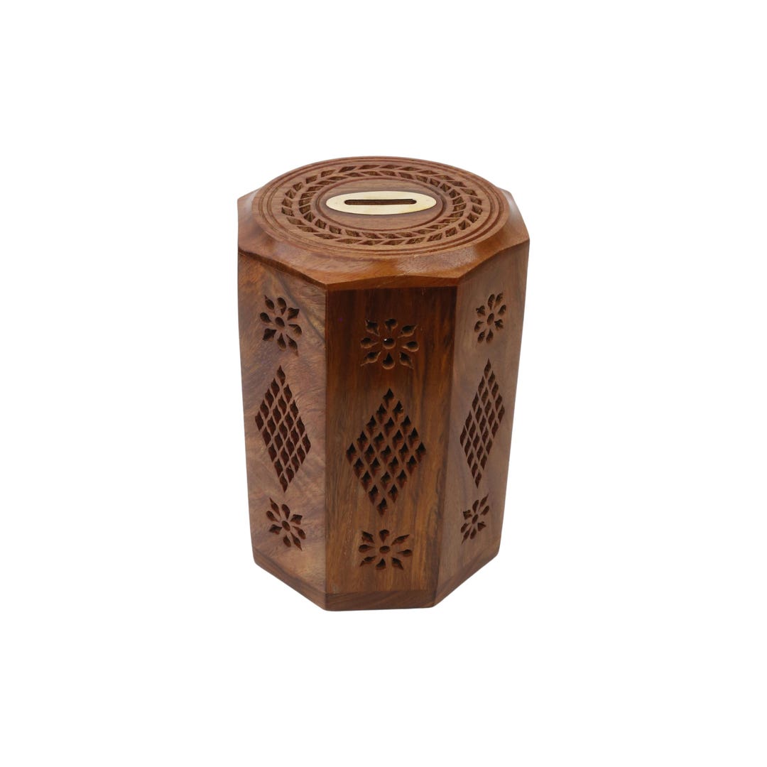 Handmade Carved Wood Coin Box: Vintage Piggy Bank With Brass Slot - Etsy