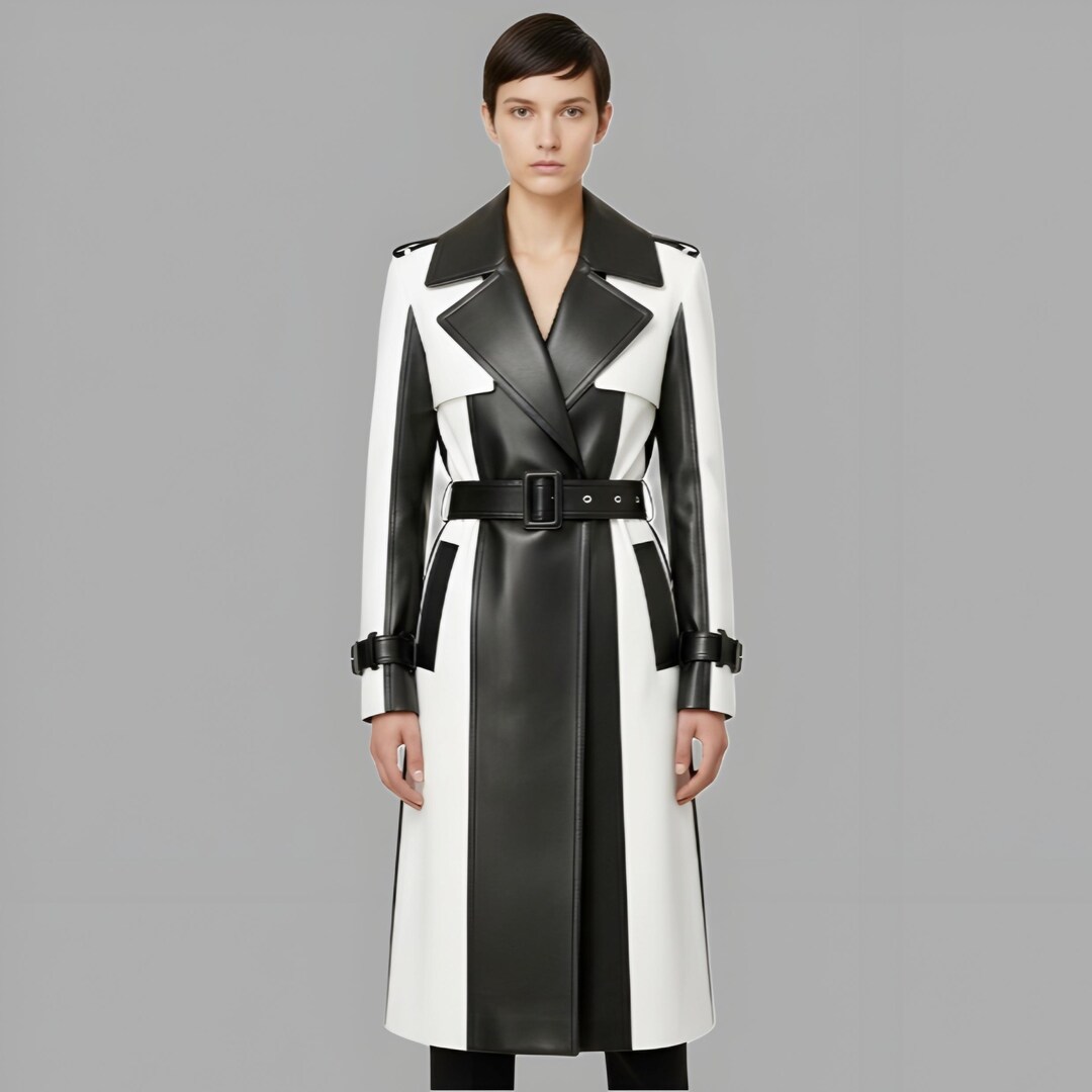 Handcrafted Black and White Leather Trench Coat: Gothic Steampunk ...