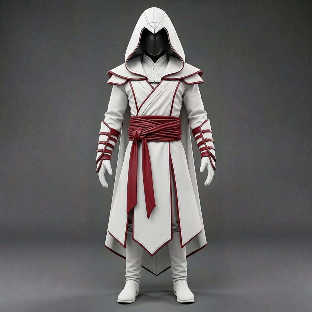 Handmade Leather Assassin Costume: White & Red Hooded Cloak, LARP ...