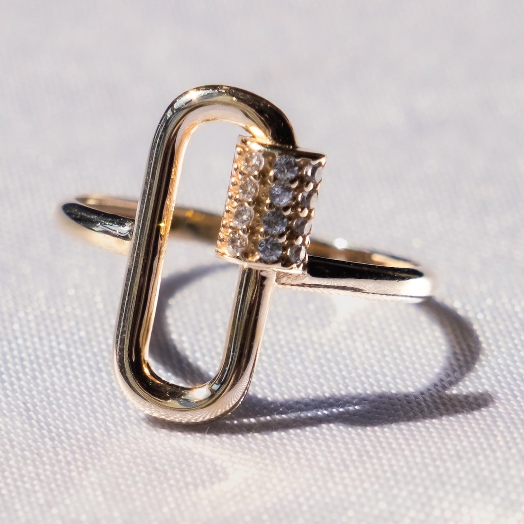 14K Solid Gold Paperclip Link Ring – Pavé Mini Link Statement Ring ...