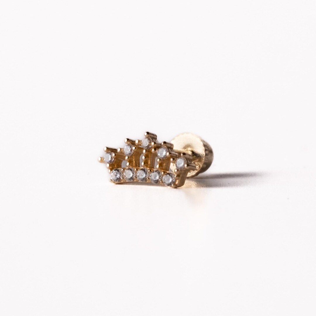 Gold Crown Cartilage Piercing – 14K Gold Crown Stud Earring, Dainty ...