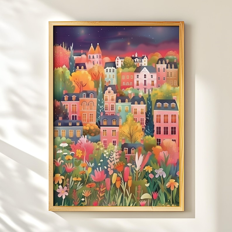 Whimsical City Wall Art, Colorful Town Print, Dreamy Digital Download ...