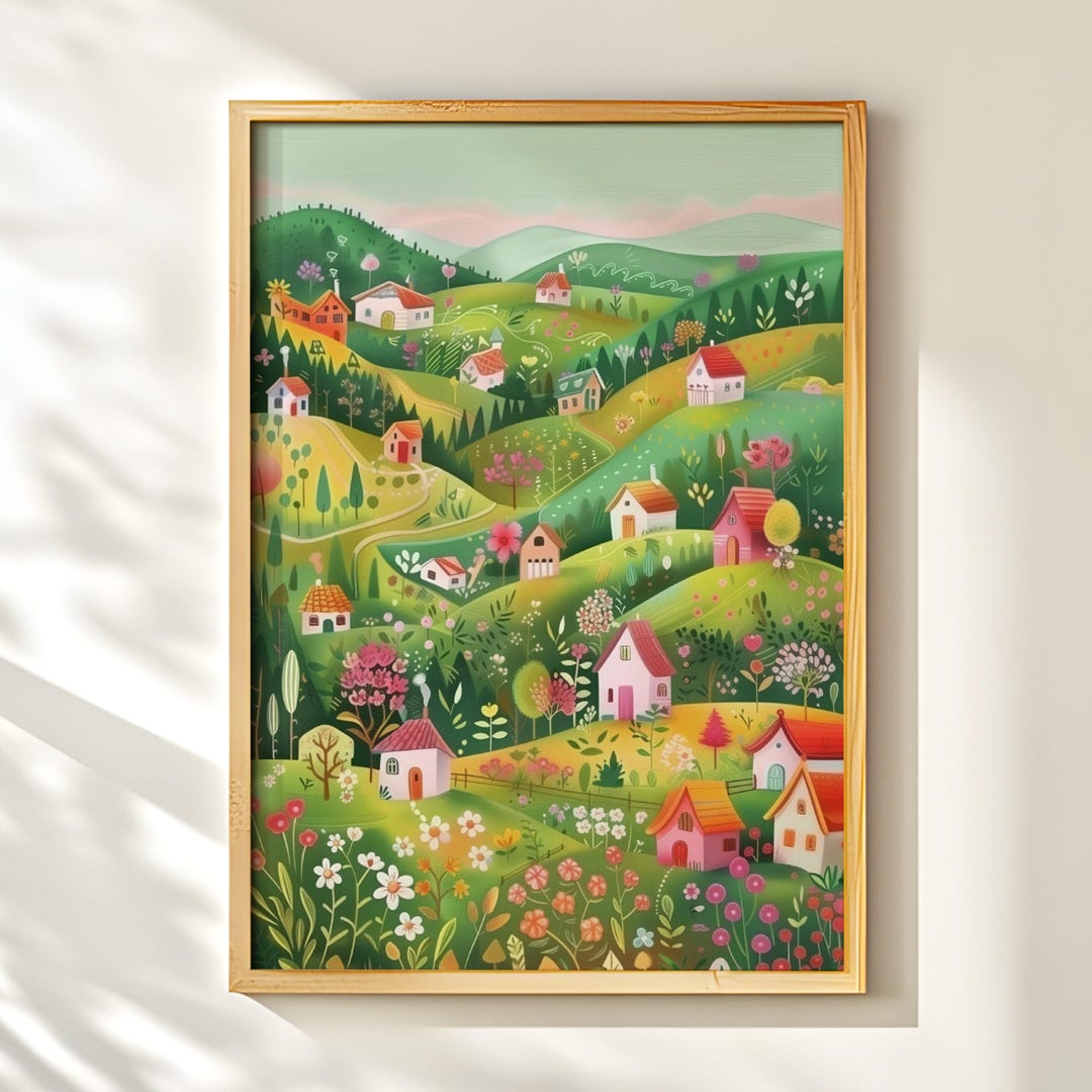 Spring Countryside Art, Whimsical House Landscape, Colorful Valley ...