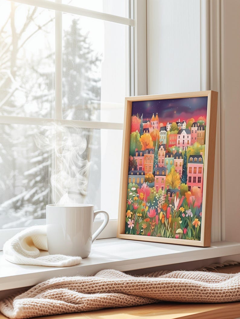 Whimsical City Wall Art, Colorful Town Print, Dreamy Digital Download ...