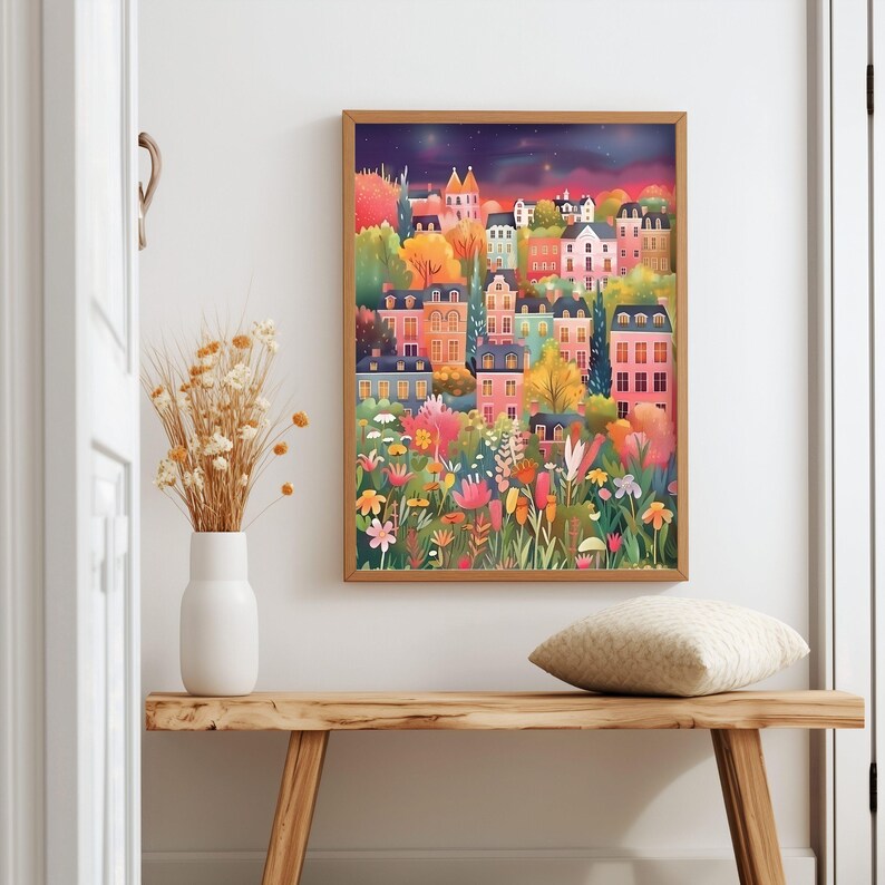 Whimsical City Wall Art, Colorful Town Print, Dreamy Digital Download ...