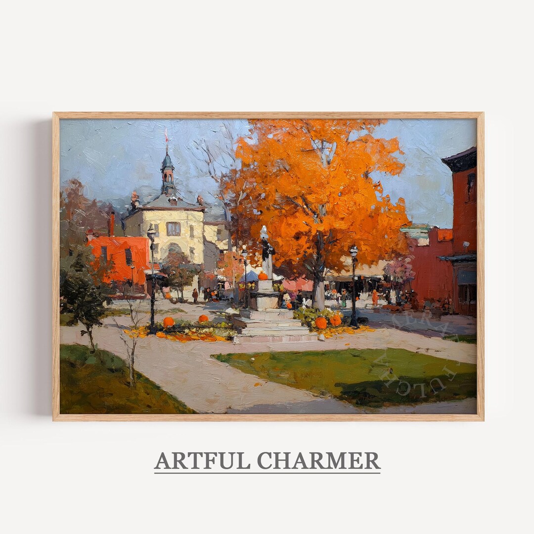 Autumn Town Square Printable Wall Art - Vintage Oil Painting, Rustic ...