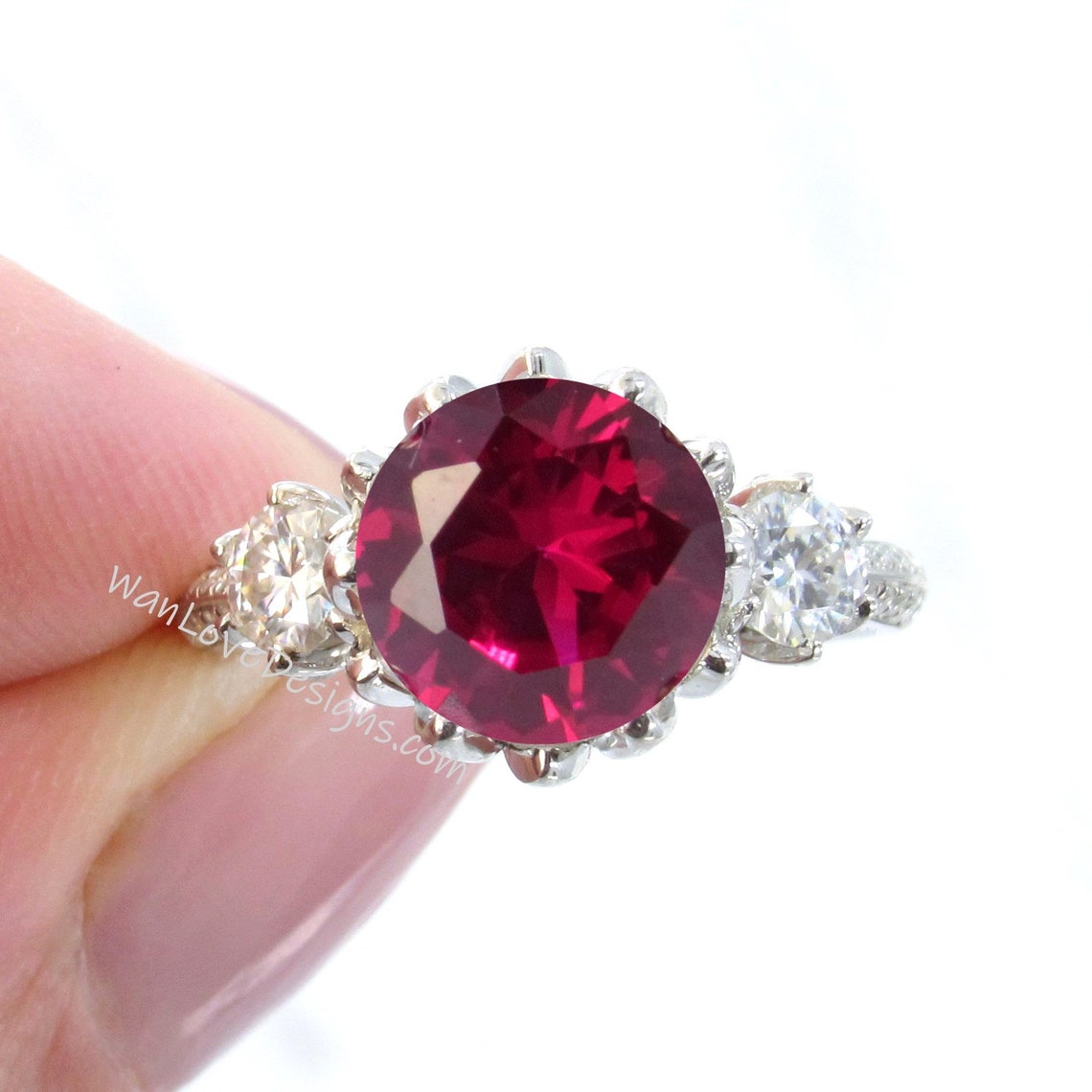 Ruby & Diamond Lotus Flower 3 Gemstone Engagement Ring | Etsy