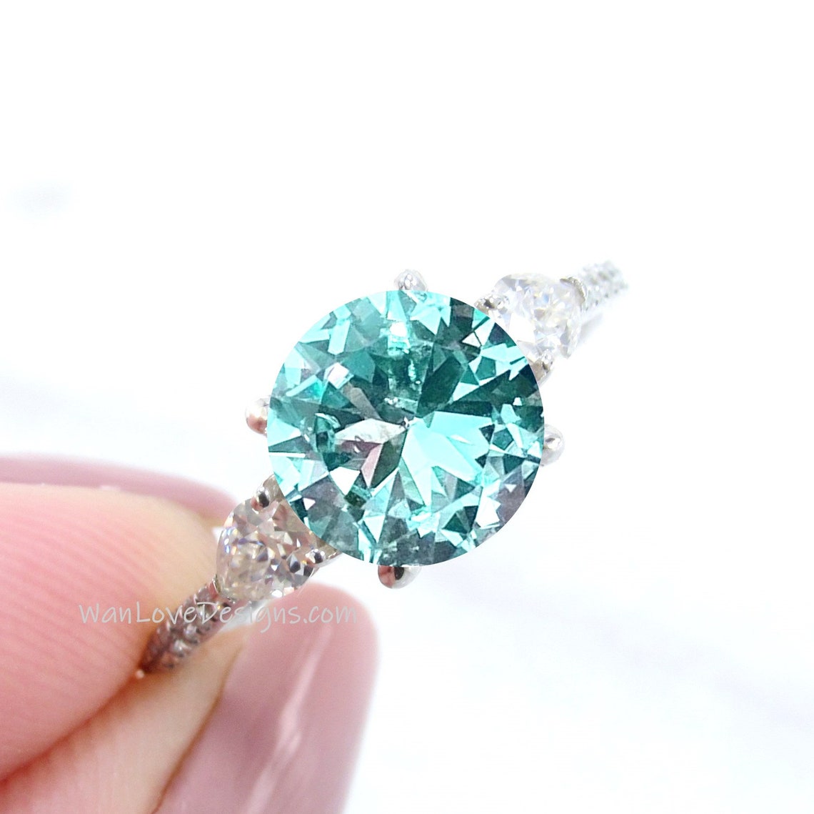 Teal Spinel Round Pear Diamond Ring Three Stone Moissanite | Etsy