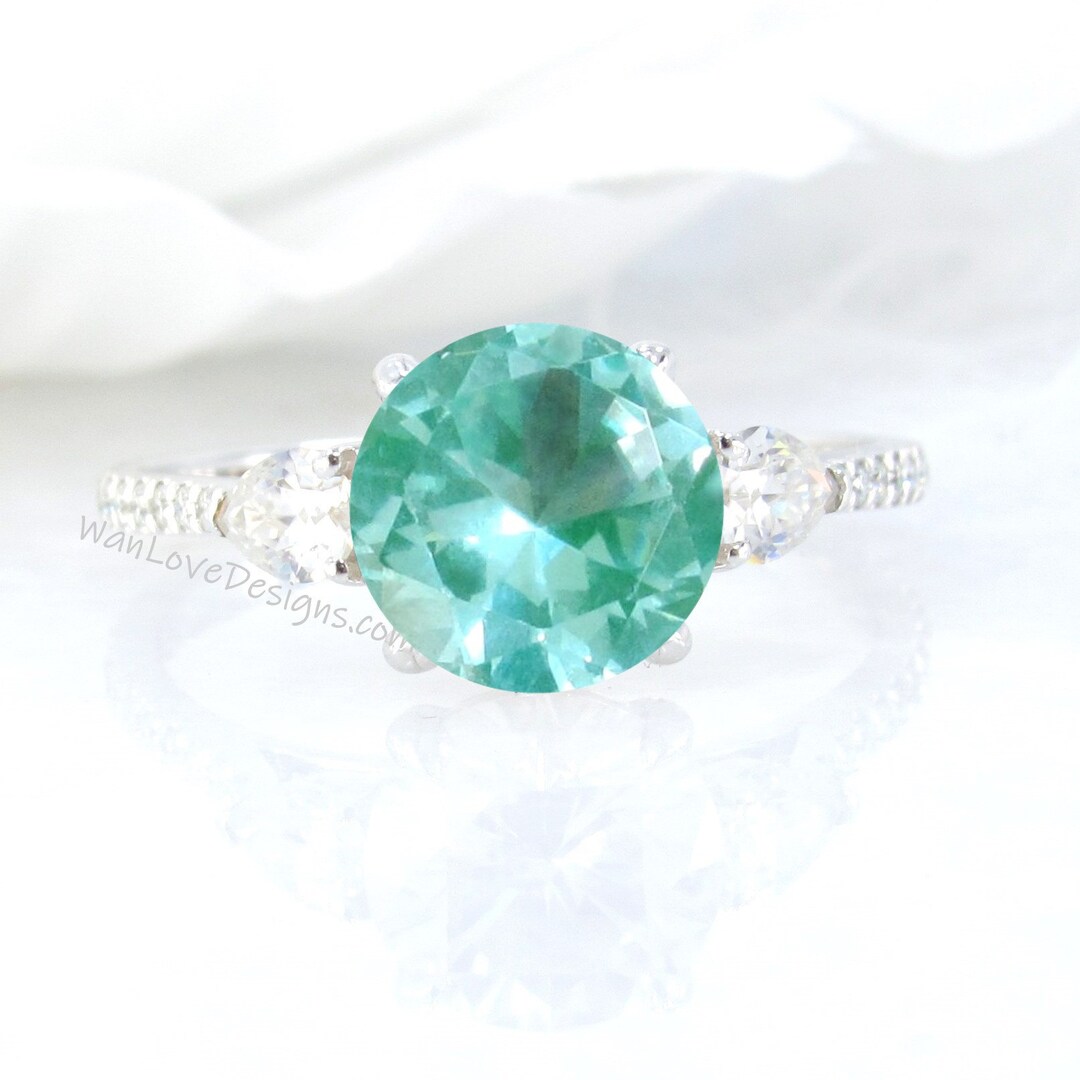 Teal Spinel Round Pear Diamond Ring Three Stone Moissanite - Etsy