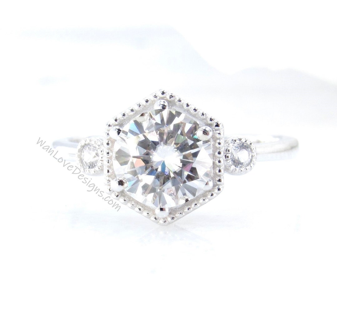Milgrain Hexagon Bezel Ring Moissanite Diamond Engagement Ring - Etsy