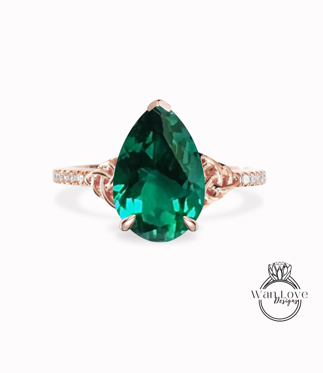 Celtic Knot Emerald Pear Engagement Ring 14K White Gold Diamond Half ...