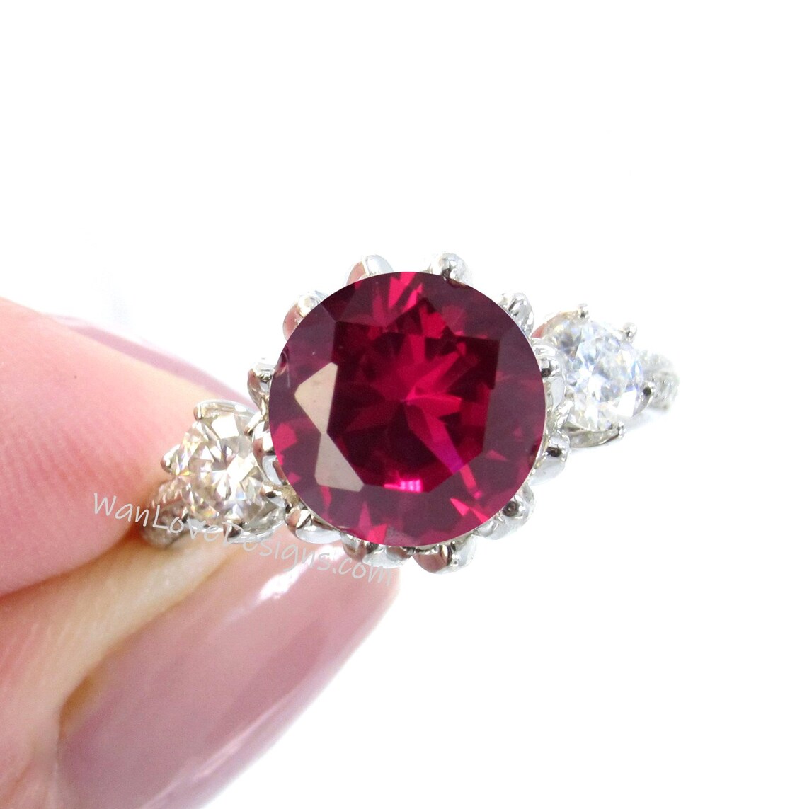 Ruby & Diamond Lotus Flower 3 Gemstone Engagement Ring | Etsy