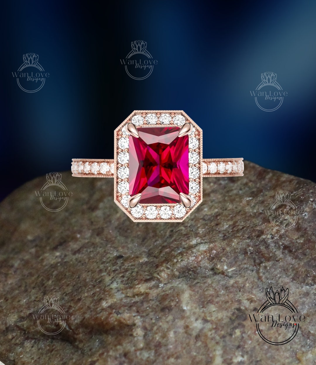 Milgrain Halo Emerald Ruby Diamond Engagement Ring/ Half Eternity Red Ruby Rings/ Diamond Halo ...