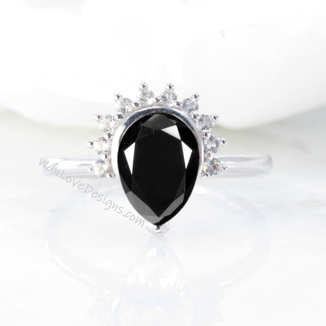 Black Spinel Pear Cut Ring, Semi Bezel Ring, Half Halo Diamonds Ring ...