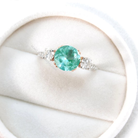 Teal Spinel Diamond Ring Three Stone Moissanite Ring Round - Etsy