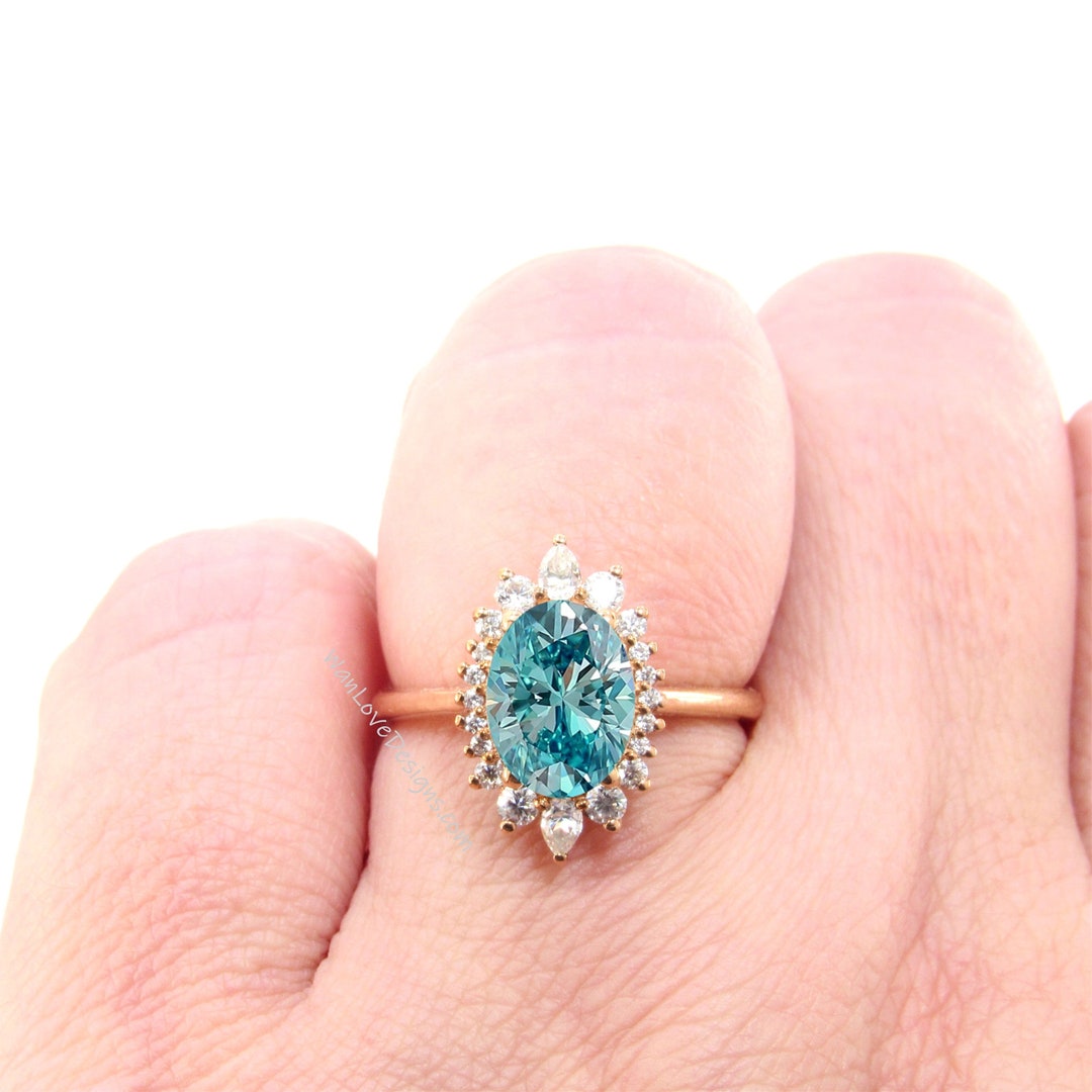 Halo Oval Blue Moissanite Engagement Ring Halo Oval Moisanite