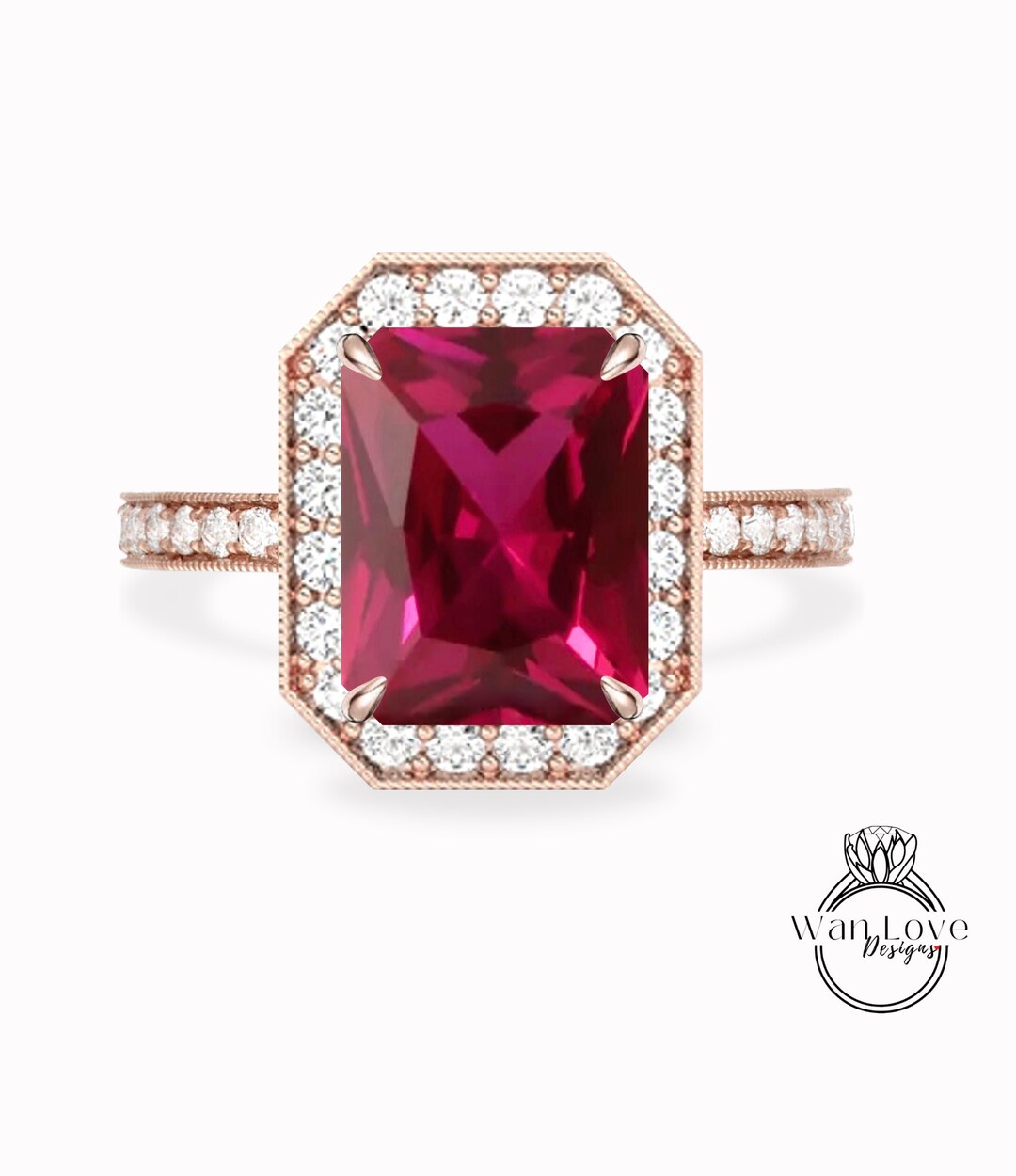 Milgrain Halo Emerald Ruby Diamond Engagement Ring/ Half Eternity Red ...