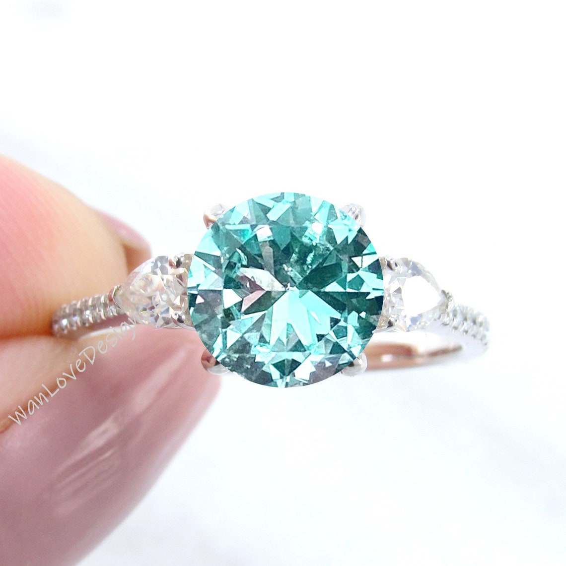 Teal Spinel Round Pear Diamond Ring Three Stone Moissanite | Etsy