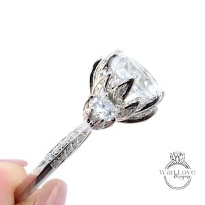 Lotus Flower Moissanite & Diamond Engagement Ring Vintage Round 3 Gem ...