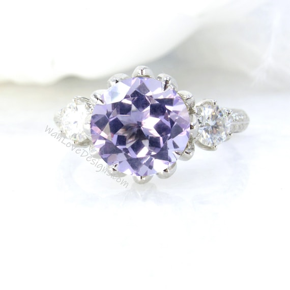 Lavender Amethyst & Diamond Lotus Flower 3 gemstone Engagement | Etsy
