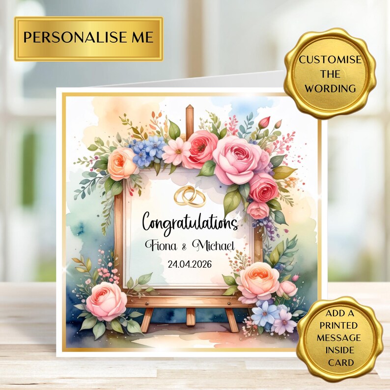 Elegant Floral Wedding Congratulations Card - Personalised Custom Names ...