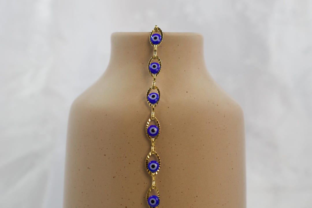 The Athena Chain - PVD Gold Plated Dark Blue Evil Eye Chain - Etsy