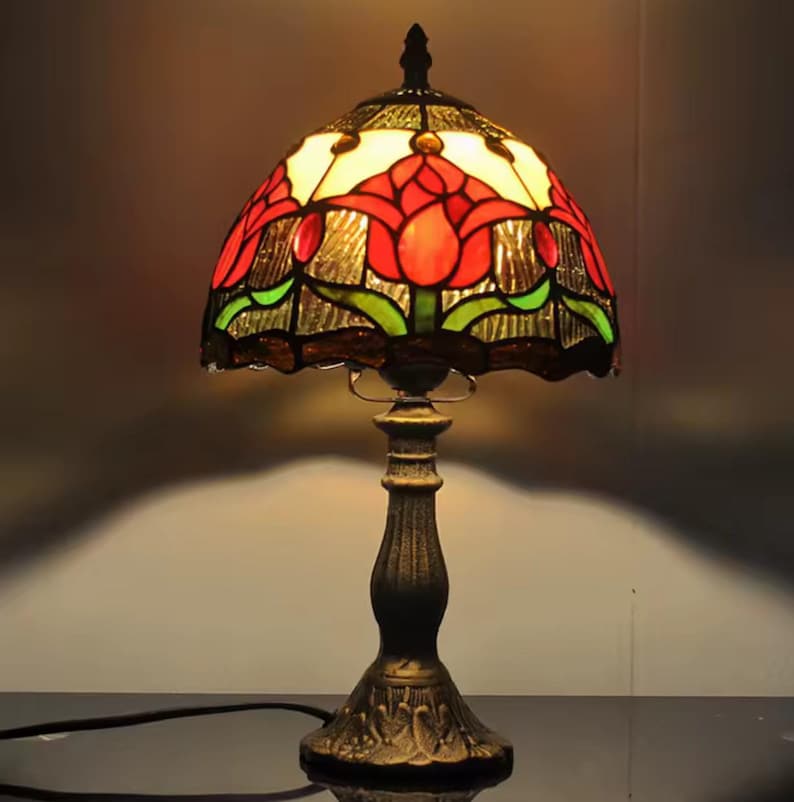 Tiffany Stained Glass Lamp – Red and Green Flower Lampshade – Vintage ...