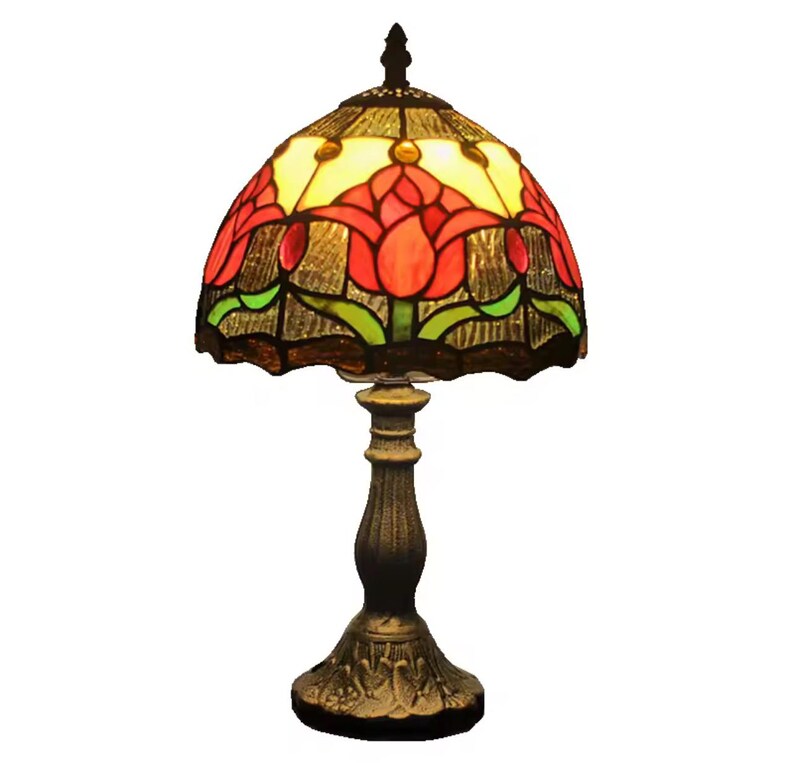 Tiffany Stained Glass Lamp – Red and Green Flower Lampshade – Vintage ...