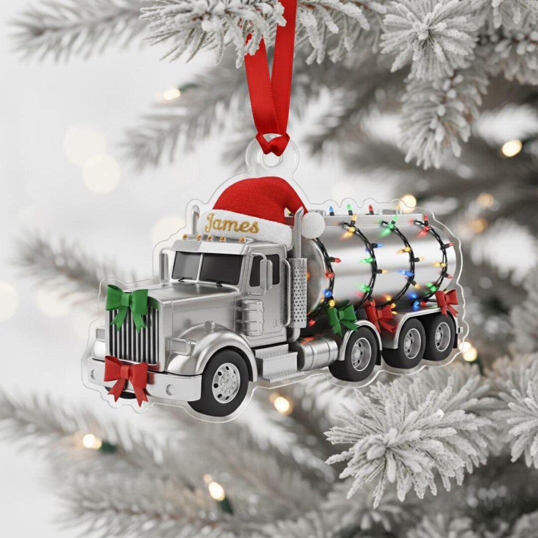 Personalized Tanker Truck 2D Flat Ornament: Santa Hat Vehicle With Name ...