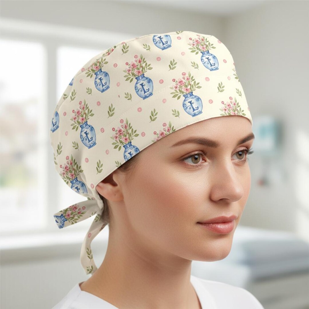 Scrub Cap: Adjustable Tie Back, Blue Ginger Jar Floral Print ...