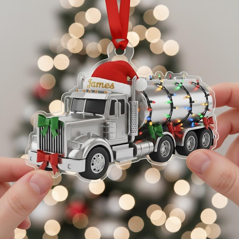 Personalized Tanker Truck 2D Flat Ornament: Santa Hat Vehicle With Name ...