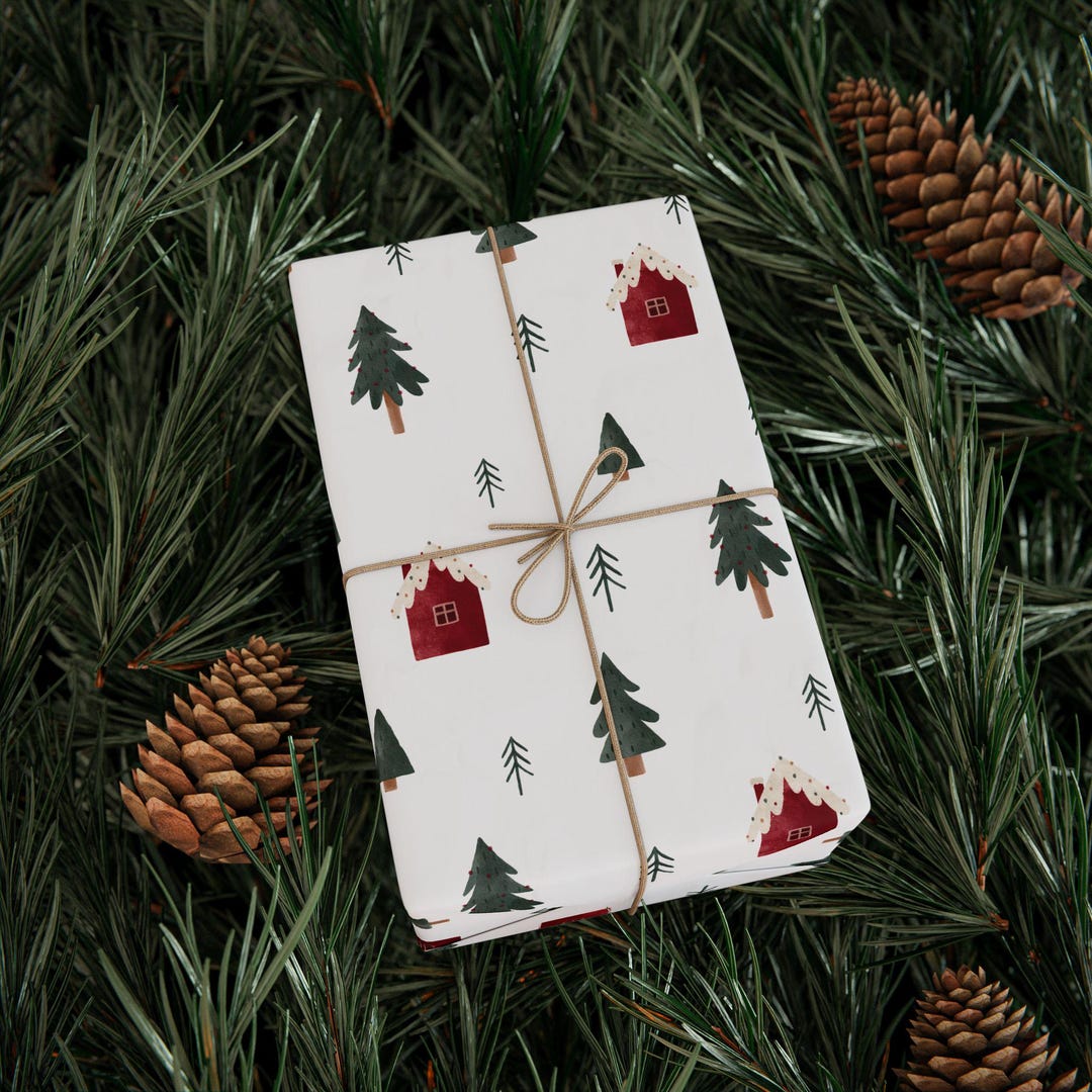 Christmas Winter Scene Wrapping Paper: Holiday Cottage & Pine Tree ...