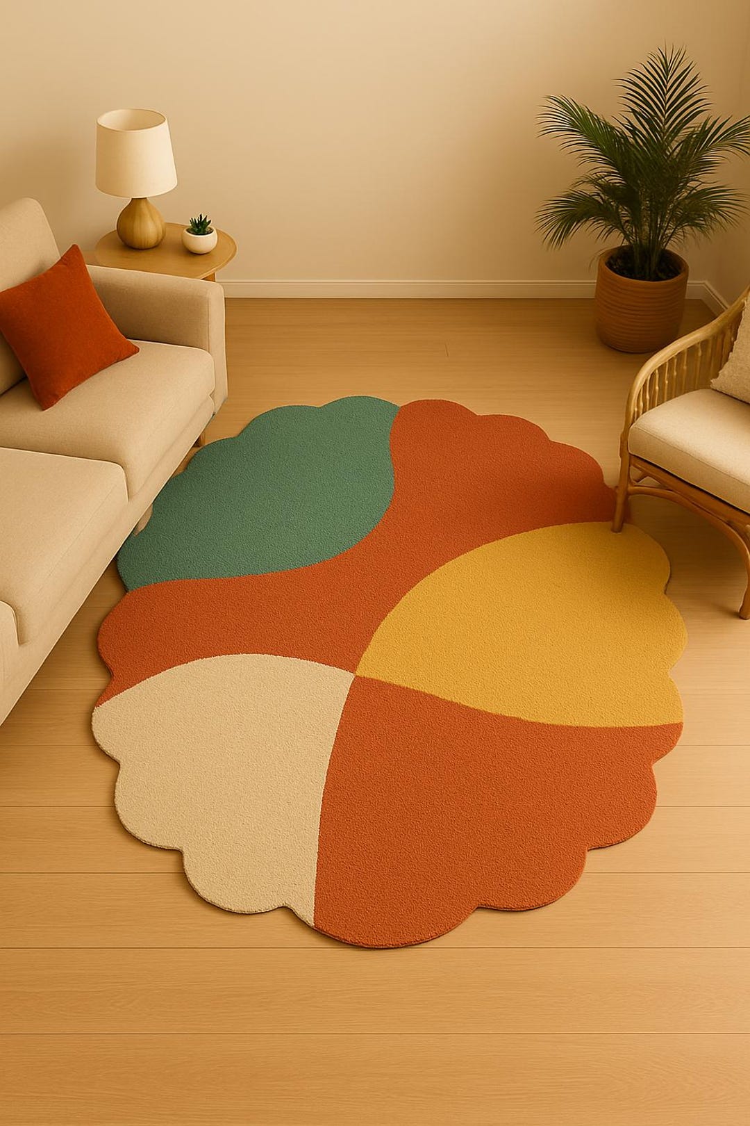 Hand Tufted Round Rug: Retro Modern Scalloped Design, Earthy Tones - Etsy