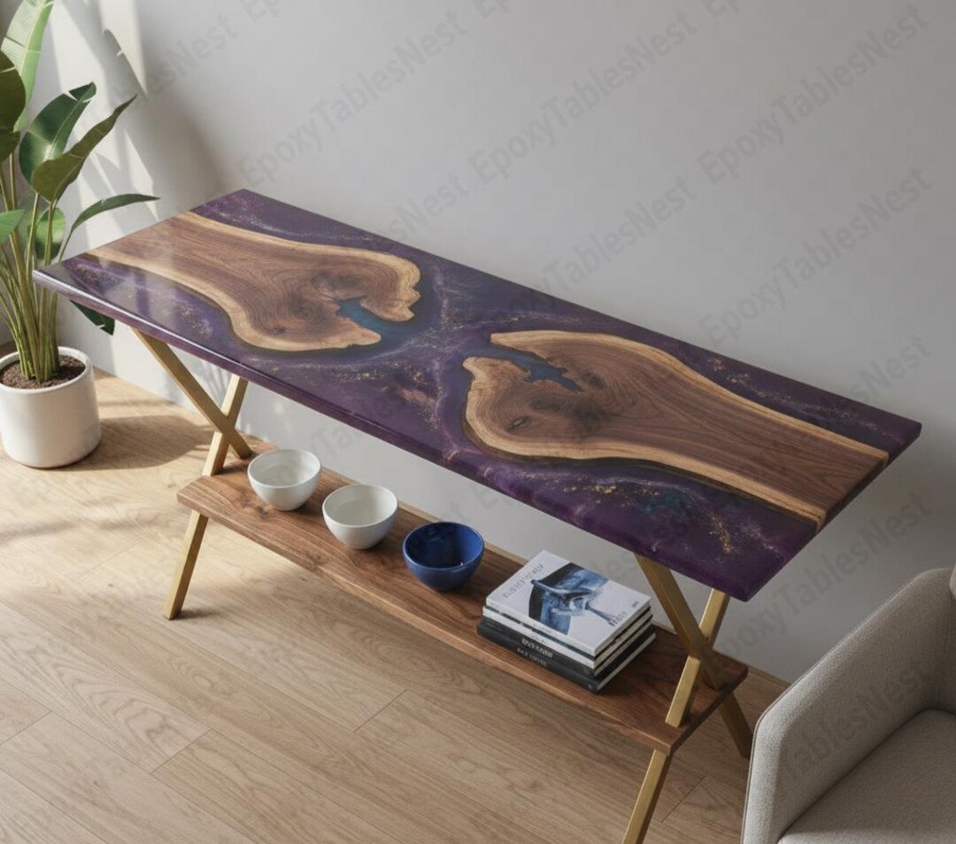 Live Edge Walnut Epoxy River Console Tabletop | Emerald Purple Resin ...