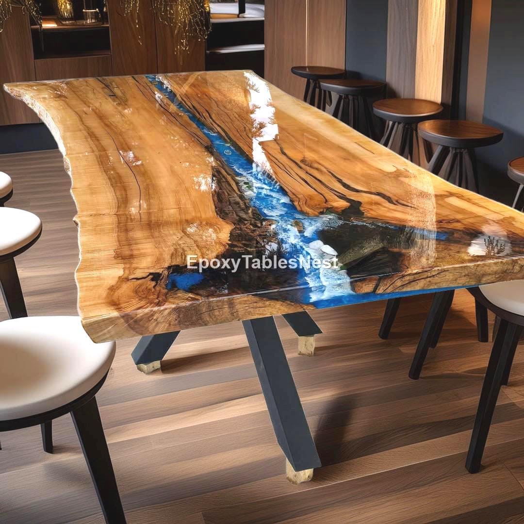 Handmade Ocean Blue Resin River Table – Live Edge Wood Dining ...