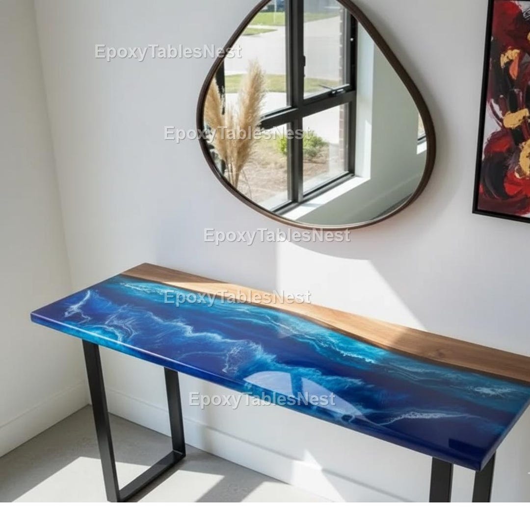 Handmade Ocean Blue Epoxy River Console Table Top | Live Edge Wood ...