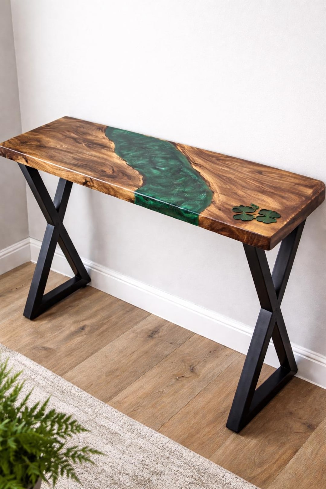 Live Edge Green Epoxy Resin Console Table Top | Handmade Wood River ...