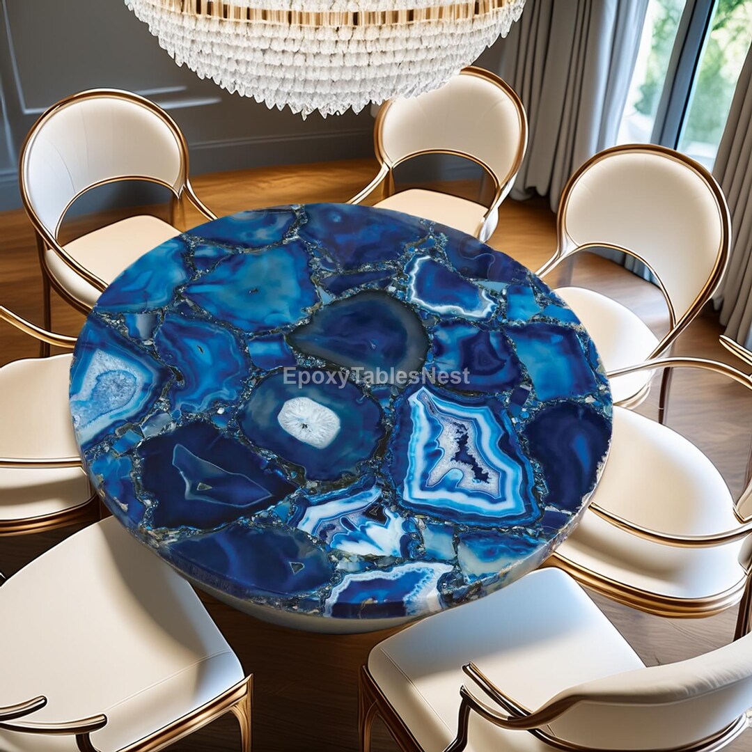 Handmade Blue Agate Geode Table Top | Luxury Gemstone Mosaic - Etsy
