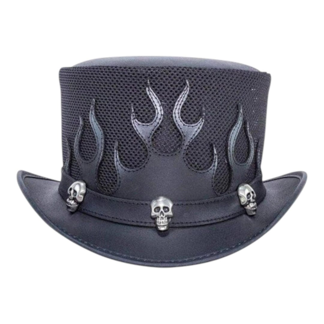 Black Leather Gothic Steampunk Top Hat With Skull Band and Flame Design ...