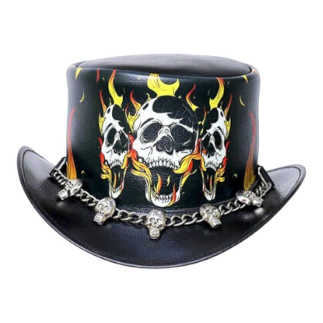 Handmade Leather Steampunk Top Hat | Flaming Skull & Chain Band - Etsy