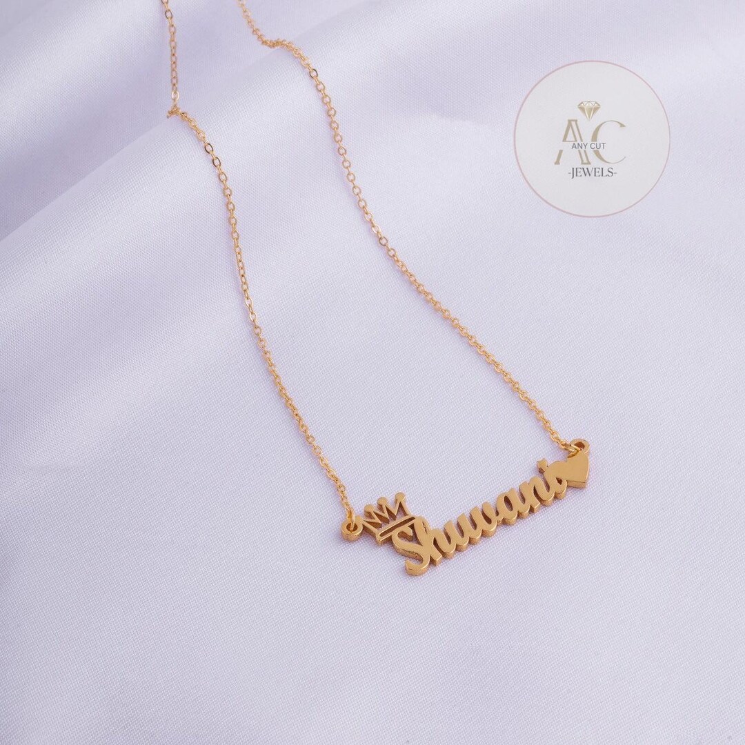 Personalized Cursive Name Necklace: Brass Heart & Crown Pendant - Etsy