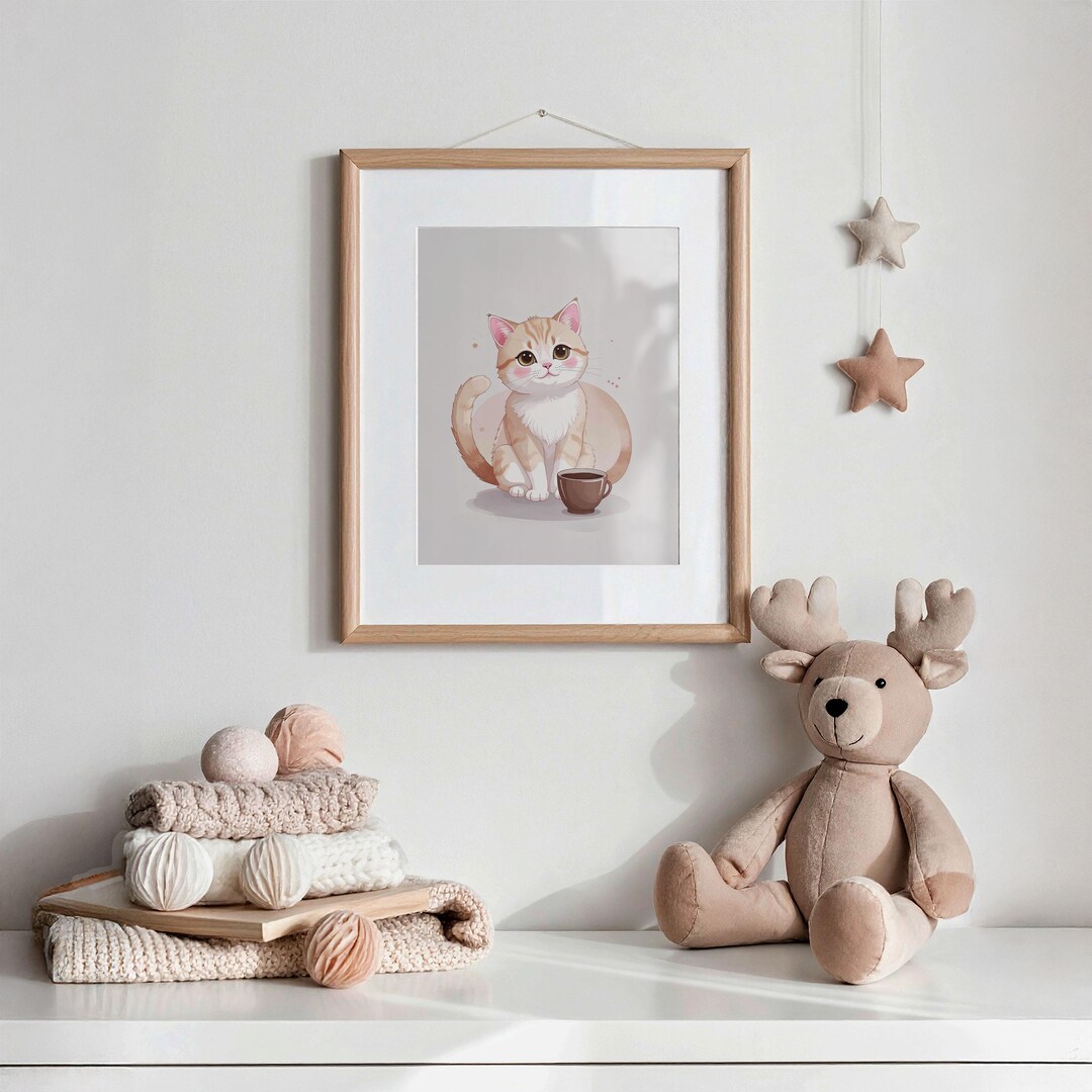 Cat With Coffee Poster, Pastel Wall Art for Cat Lovers, Coffee Bar ...